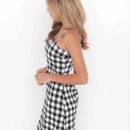 Black White Gingham Short Dress Featuring Tie Back Accent on Luulla