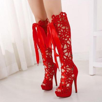 Cut Out Peep Toe Platform Super High Heels Long Boot Sandals on Luulla
