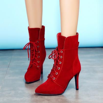Pointed Toe Lace Up Solid Color Short High Heels Boots on Luulla