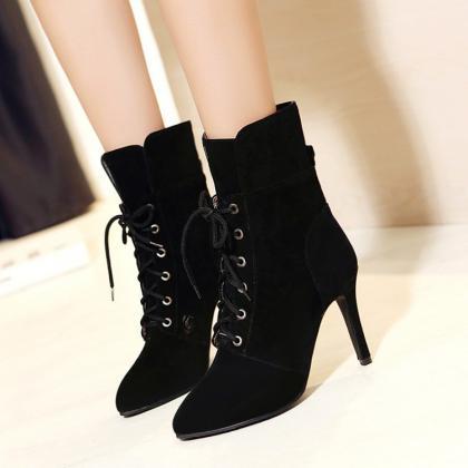 Pointed Toe Lace Up Solid Color Short High Heels Boots on Luulla