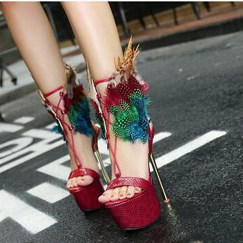 Feather Embellished Open Toe Strappy Leather High Heels on Luulla