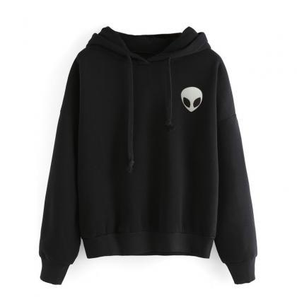 Alien Head Print Drawstring Loose Hoodie on Luulla