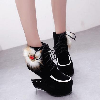 Scrub Pure Color Slope Heel Round Toe Short Boots on Luulla