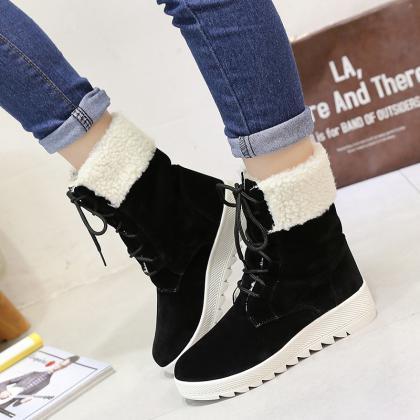 Scrub Pure Color Lace-up Slope Heel Round Toe Boots on Luulla