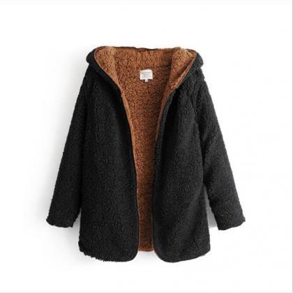 Solid Color Two Side Wearable Women Hooded Oversized Teddy Coat on Luulla