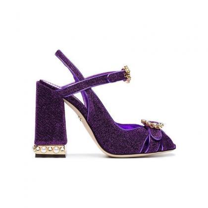 Purple Sequin Buckle Peep Toe Chunky Heel Sandals on Luulla