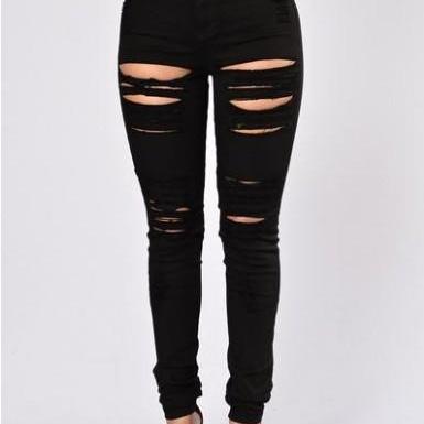 High Waist Pure Color Rips Slim Long Jeans on Luulla