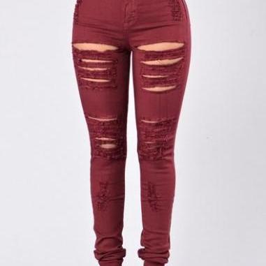 High Waist Pure Color Rips Slim Long Jeans on Luulla
