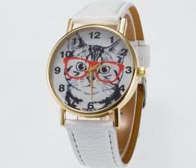 Glasses Cat Face Dial Pu Watch on Luulla