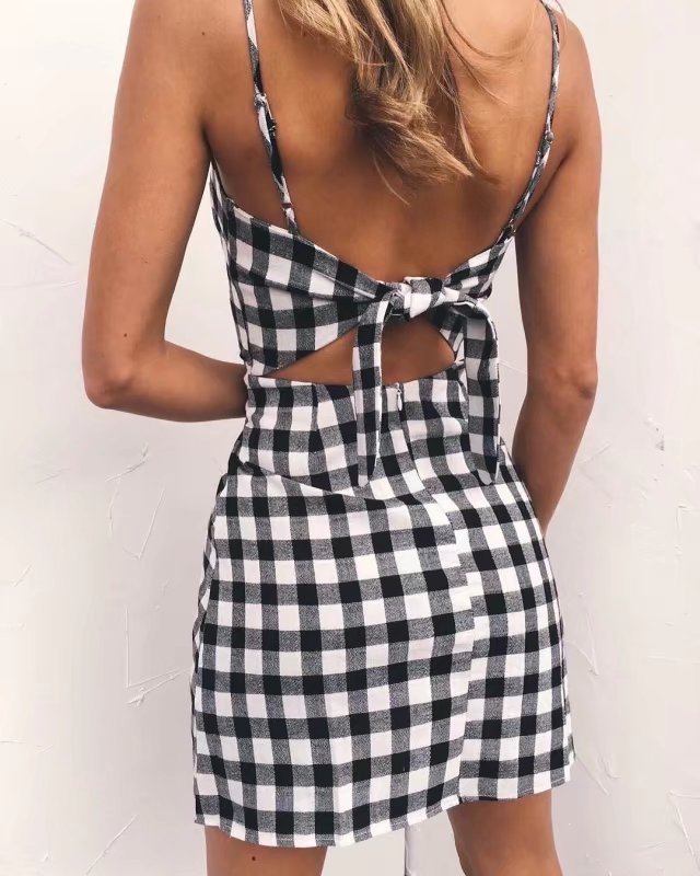 Black White Gingham Short Dress Featuring Tie Back Accent on Luulla