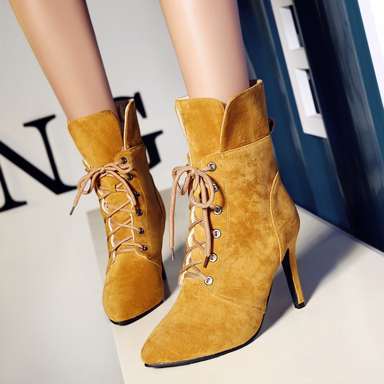 Pointed Toe Lace Up Solid Color Short High Heels Boots on Luulla