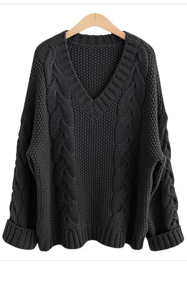 Cable Knit Deep V-neck Solid Color Pullover Sweater on Luulla