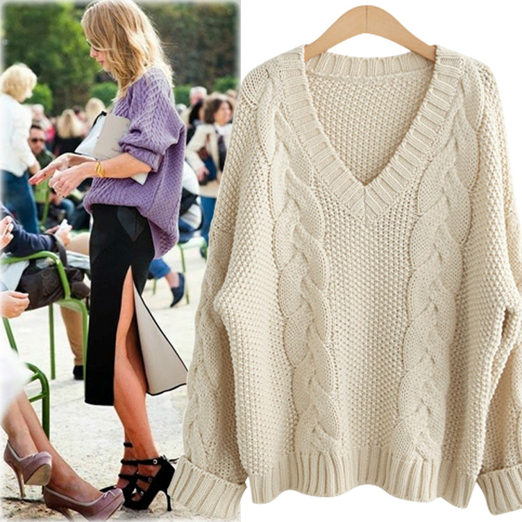 Cable Knit Deep V-neck Solid Color Pullover Sweater on Luulla
