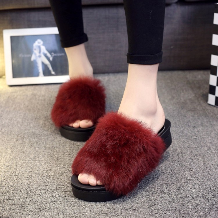 Faux Fur Decorate Open Toe Platform Slipper Sandals on Luulla