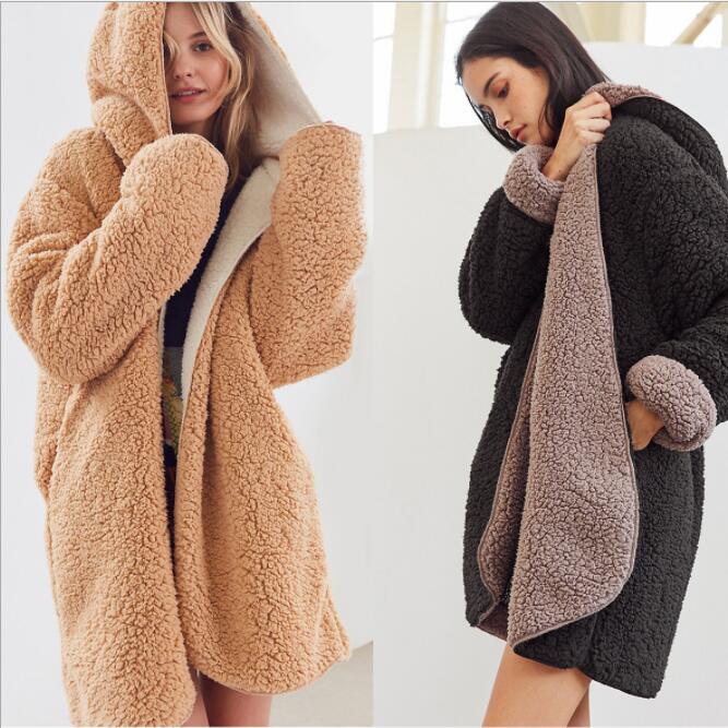 Solid Color Two Side Wearable Women Hooded Oversized Teddy Coat on Luulla