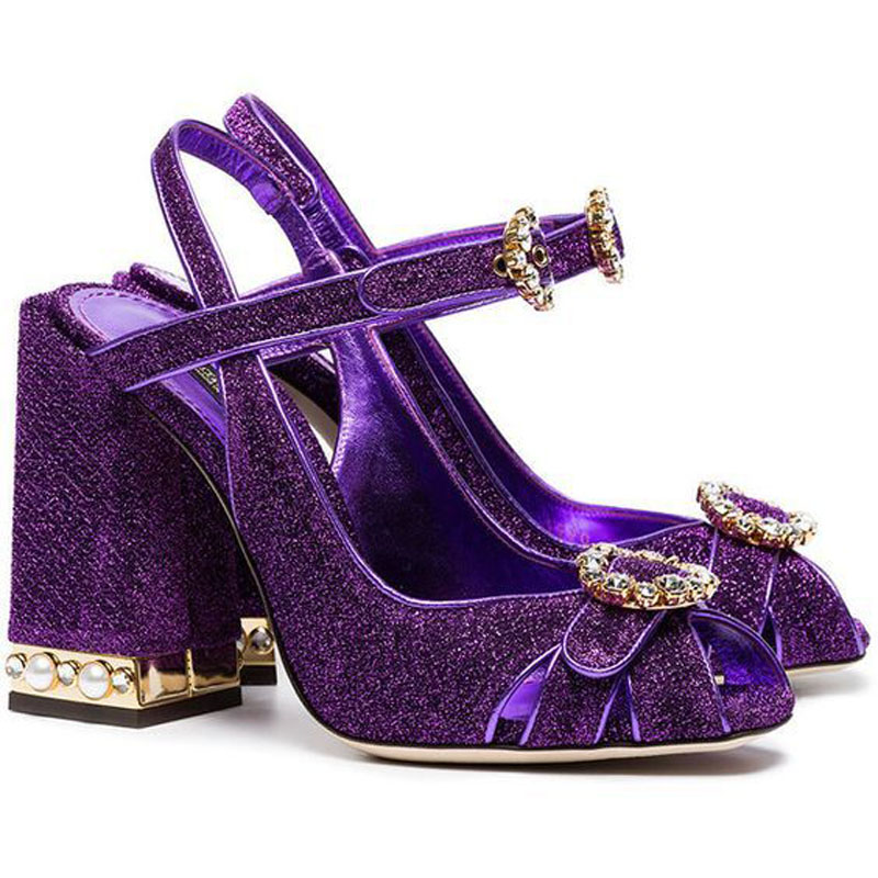 Purple Sequin Buckle Peep Toe Chunky Heel Sandals on Luulla