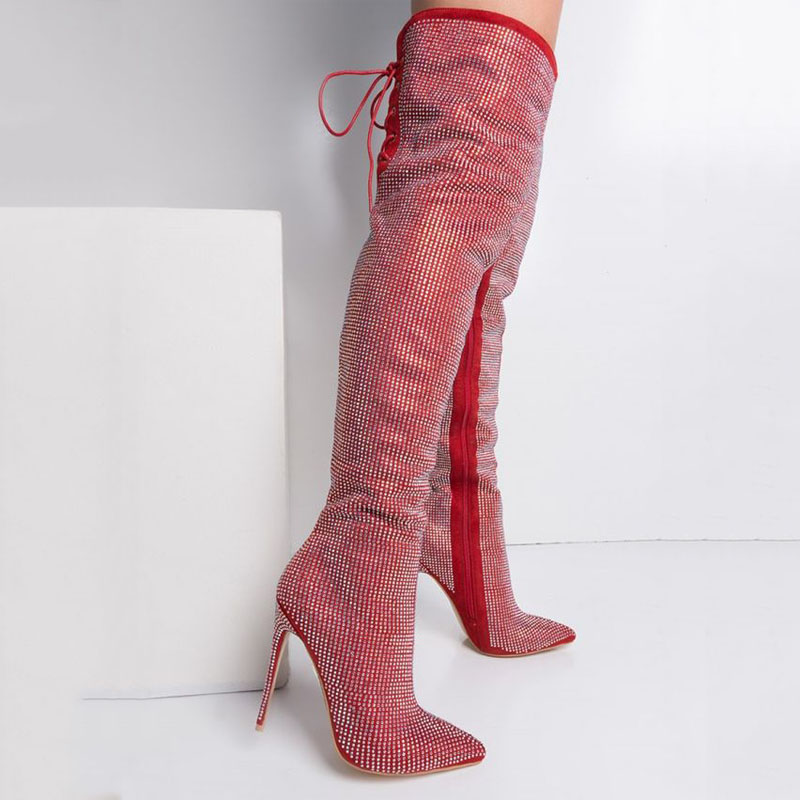 Fashion Red Rhinestone Strap Pointed Toe Knee High Boots on Luulla
