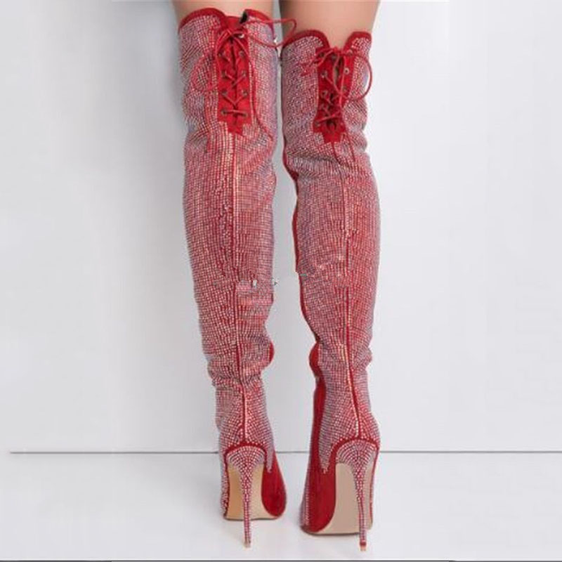 Fashion Red Rhinestone Strap Pointed Toe Knee High Boots on Luulla