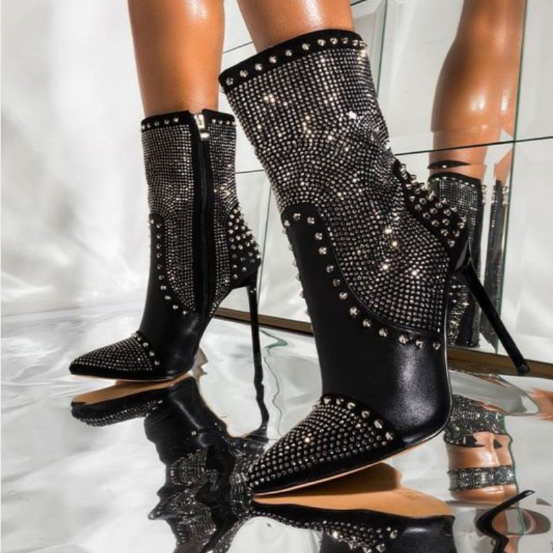 Black Rhinestone Rivet Pointed Toe Calf Boots on Luulla