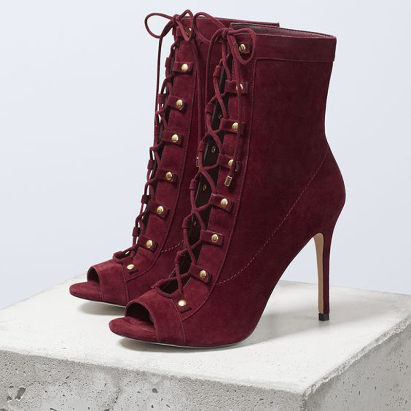 Red Suede Peep Toe Strap High Heel Ankle Boots on Luulla