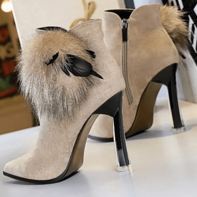 Khaki Suede Fur Point Toe Zipper High Heel Ankle Boots on Luulla