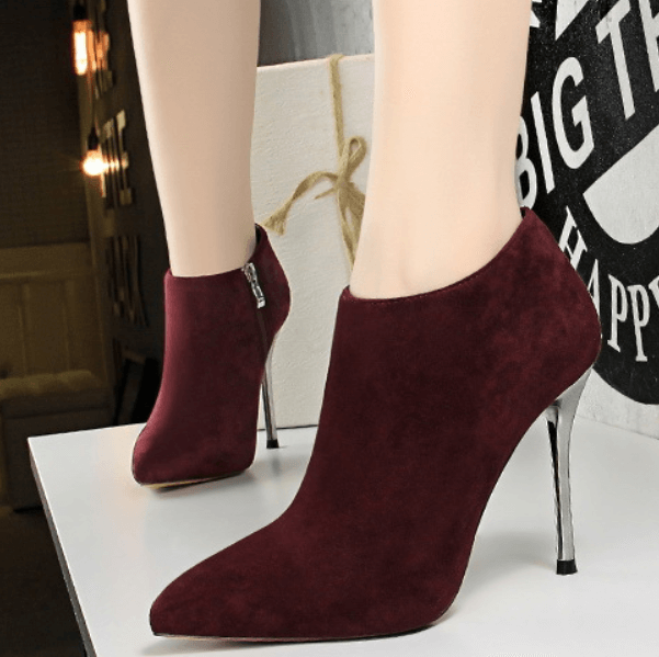Wine Red Winter Suede Point Toe Zipper High Heel Ankle Boots on Luulla