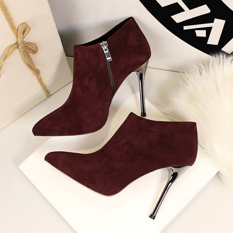 Wine Red Winter Suede Point Toe Zipper High Heel Ankle Boots on Luulla