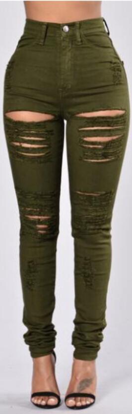 High Waist Pure Color Rips Slim Long Jeans on Luulla