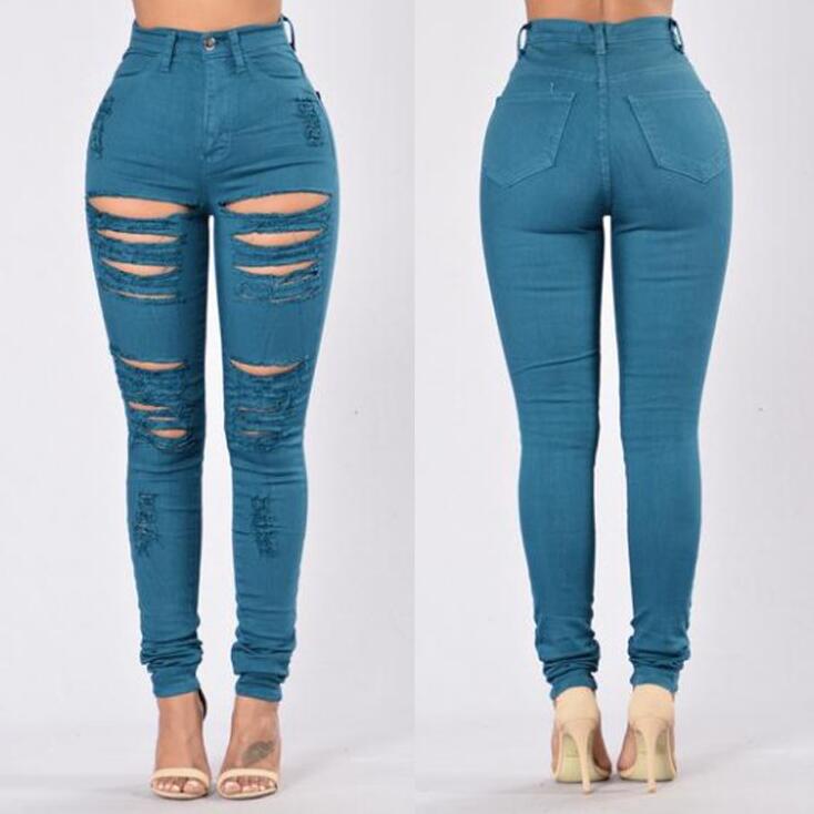 High Waist Pure Color Rips Slim Long Jeans on Luulla