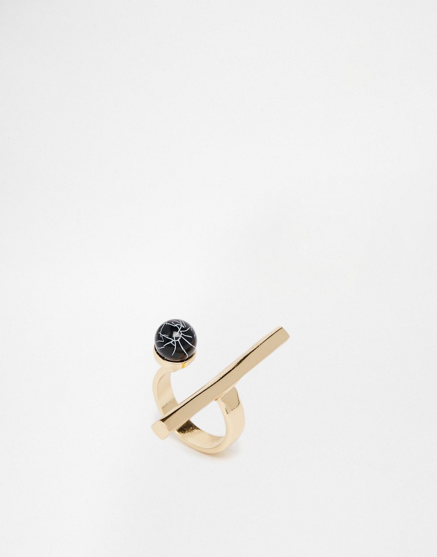 Horizontal Bar Simple Black Stone Ball Ring on Luulla