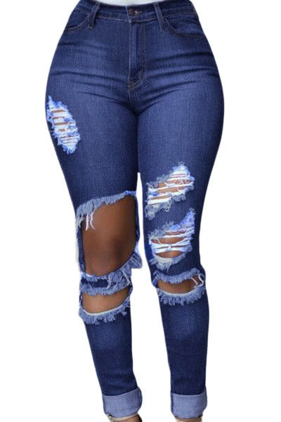 High Waist Draped Design Ripped Pencil Pants on Luulla