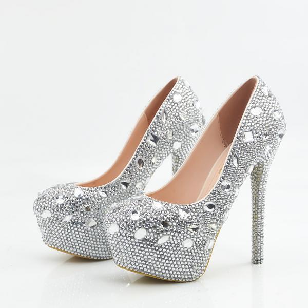 Crystal Rhinestones Round Toe Platform Super High Stiletto Heels Bridal ...