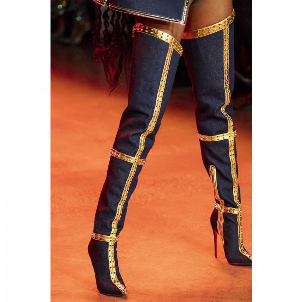 Blue Denim Pointed Toe Thigh High Boots on Luulla