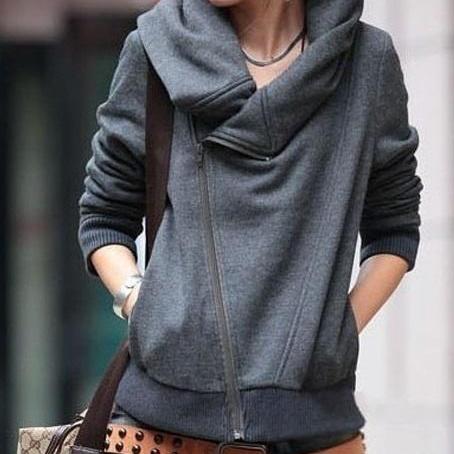 Slim Women's Ladies Inclined Zipper Pattern Sweetshirt Hoodie Coat ...