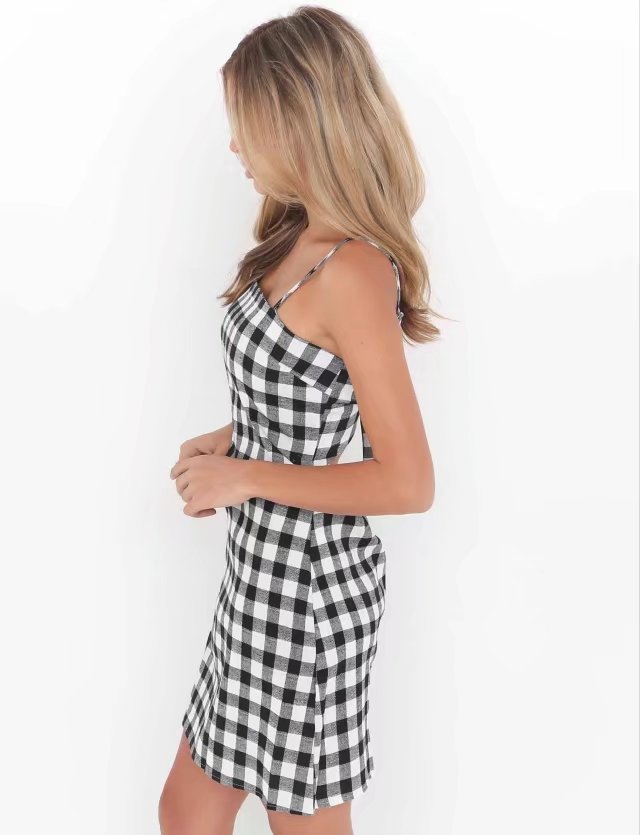 Black White Gingham Short Dress Featuring Tie Back Accent on Luulla
