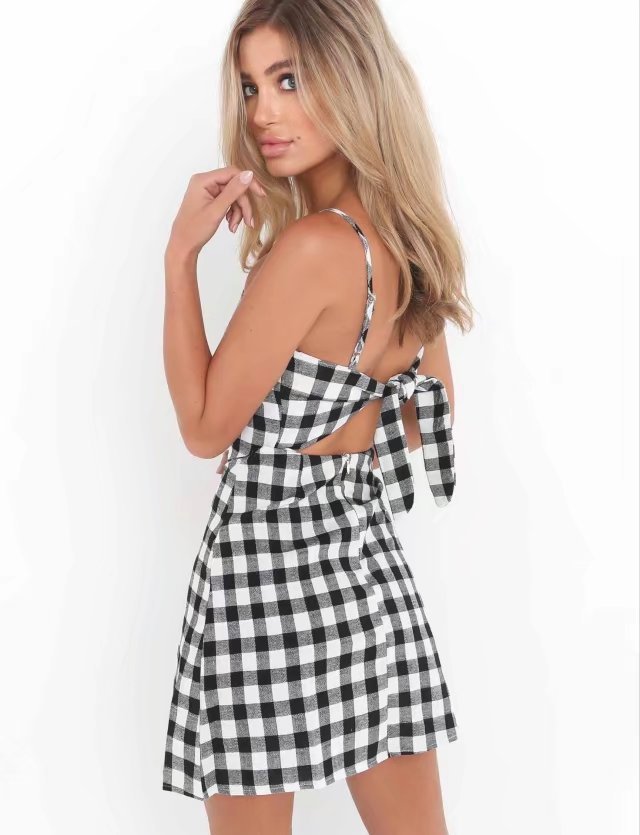 Black White Gingham Short Dress Featuring Tie Back Accent on Luulla