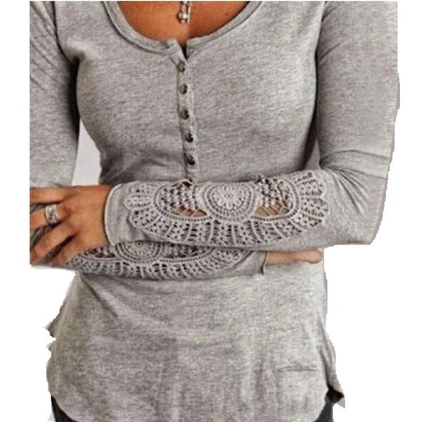 Lace Patchwork Round Neck Long Sleeves Blouse on Luulla