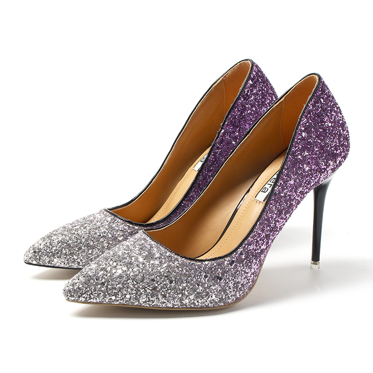 Gradient Color Shinning Sequins Pointed Toe Stiletto High Heels Party ...