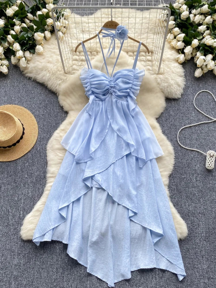 Blue Layered Ruffle Maxi Dress With Straps on Luulla