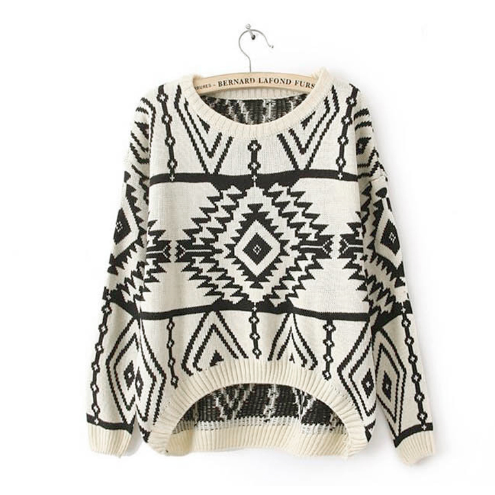 Women Loose Geometry Printed Pullover Sweater on Luulla