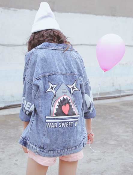 Oversized Denim Jacket With Shark Print on Luulla