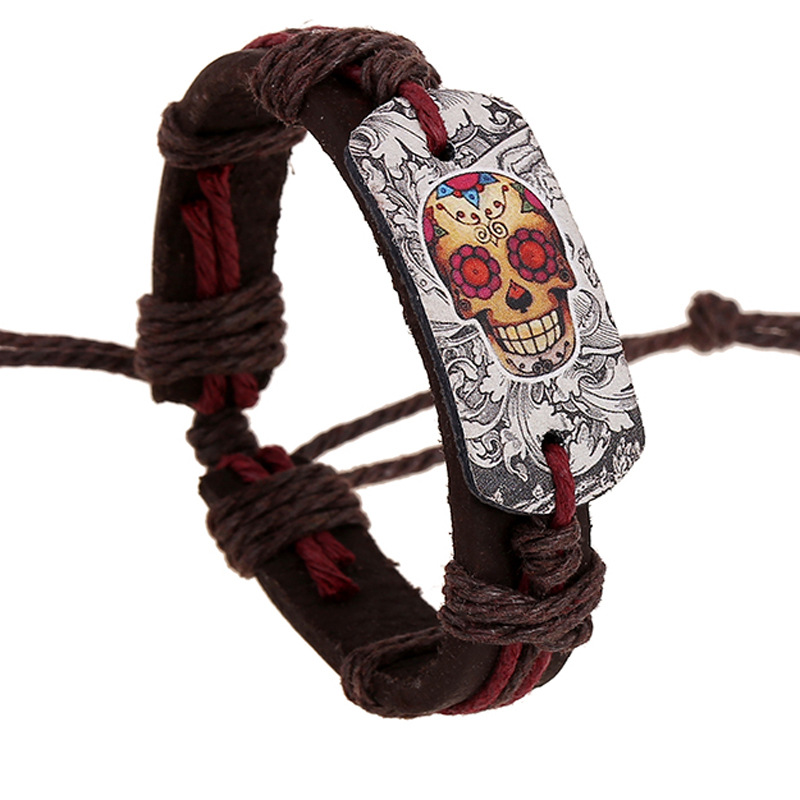 Pyrography Skull Woven Leather Bracelet on Luulla