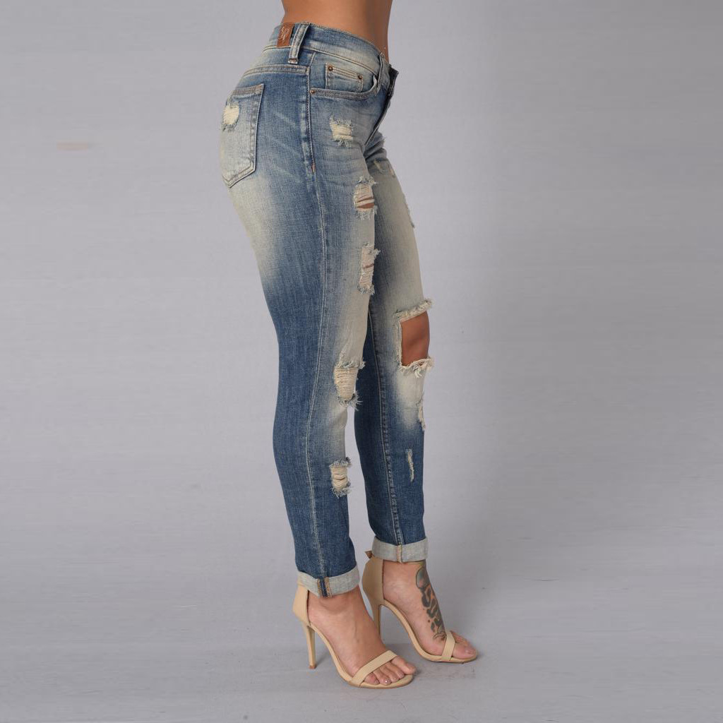 Personality Fading Ripped Holes Low Waist Slim Jeans on Luulla